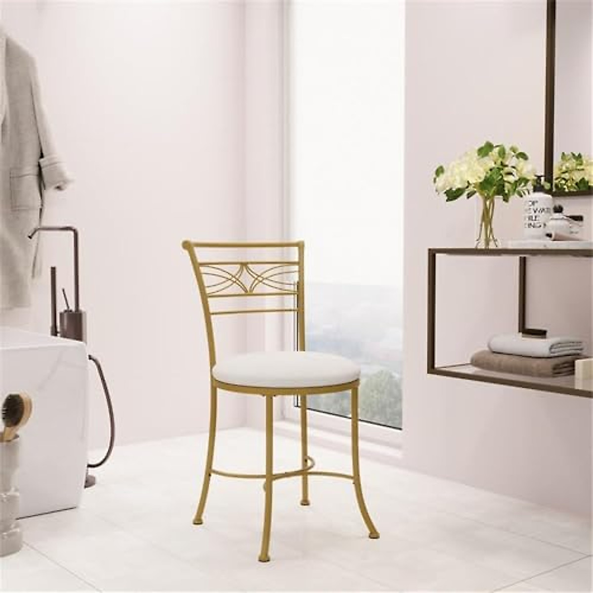 Hillsdale, Dutton Metal Vanity Stool with Center Diamond Design for Makeup Room or Bathroom, Gold