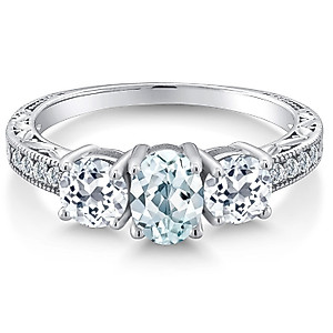 Gem Stone King 925 Sterling Silver Sky Blue Aquamarine and White Topaz 3-Stone Women Ring (2.07 Ct Oval, Available in size 5, 6, 7, 8, 9)