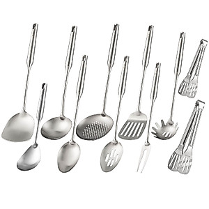 304 Stainless Steel Kitchen Utensils Set, 11 PCS All Metal Cooking Spoons - 2 Tongs, Fork, Solid Spoon, Slotted Spoon, Spatula, Soup Ladle, Skimmer, Slotted Spatula, Spaghetti Spoon, Large Spoon