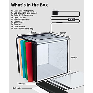 Glendan Light Box Photography, Portable Photo Studio Light Box, 16" x 16" Professional Dimmable Shooting Tent Kit with 216 LED Table Top Light & 6 Backdrops Photo Box for Product Photography