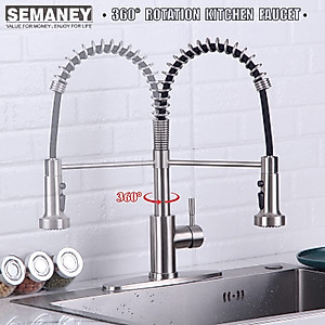 SEMANEY Kitchen Faucets, Brushed Nickel Stainless Steel Single Handle Sink Faucets with Pull Out Sprayer, Pull Down Kitchen Faucet with 10'' Deck Plate to Cover 1 or 3 Holes