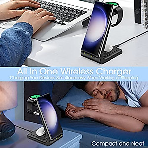 Wireless Charging Station for Samsung, Earteana 3 in 1 Wireless Stand Dock for Samsung S23/S22/S21/S20/Note 20, Galaxy Watch5/4/3/Active/2/Gear S3, Buds+/Live, 18W QC Adapter Included (Black)