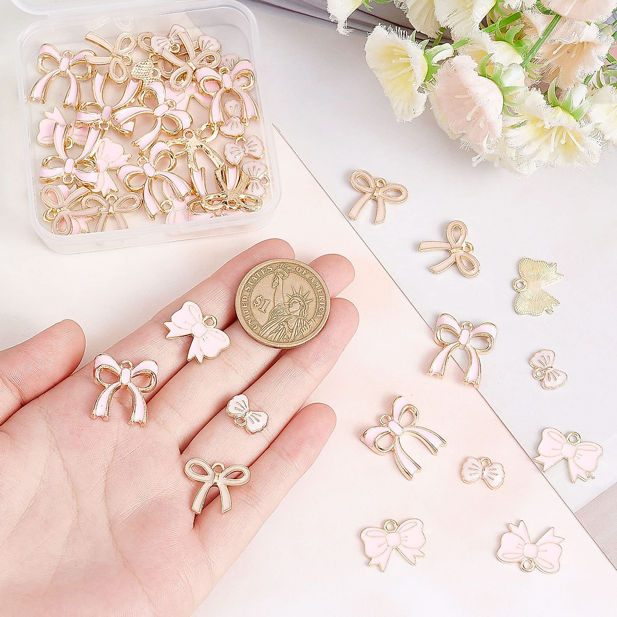 SUNNYCLUE 1 Box 40Pcs 4 Style Romantic Enamel Flat Bowknot Charms Pink Bow Tie Kawaii Dangle Pendants Bulk For Women Jewellry Making Earrings Necklace Bracelets Valentine&#039;s Day DIY CraftsSupplies