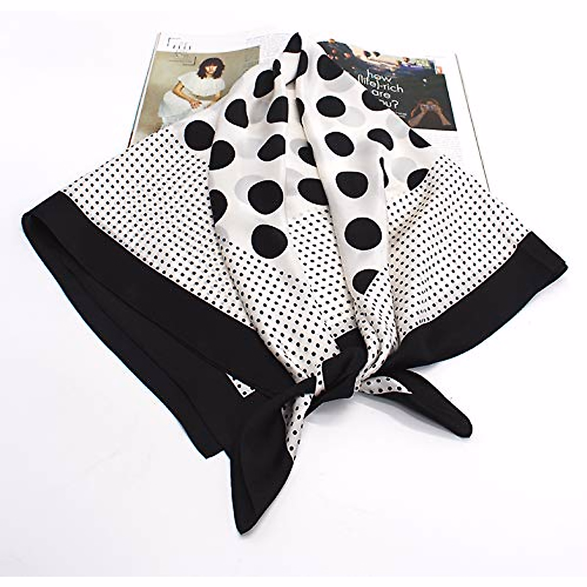 ANDANTINO 100% Pure Mulberry Silk Scarf 35" Large Square Lightweight Headscarf –Women’s Hair Wraps-With Gift Packed (Black&White Polka Dots)