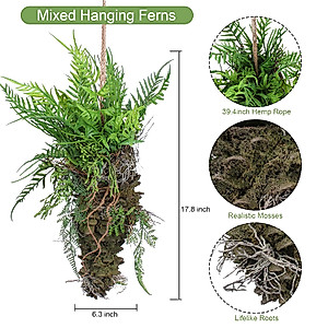 FAKEGREEN Artificial Plants, 57 Inch Fake Hanging Plants Mixed Faux Ferns Leaves Greenery Foliage Plant with Real Looking Pine Cone, Moss and Roots for Home, Room, Garden, Office, Party Decor