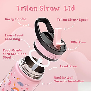 BUZIO Insulated Water Bottle for Kids, Modern Vacuum Insulated Hydro Bottle with 2 Straw Lids, 14oz Double Walled Wide Mouth Sports Drink Flask with Pink Unicorn Patterns, Simple Thermo Canteen Mug