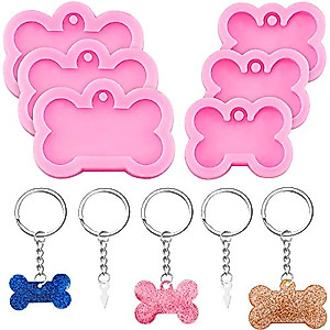 6 Pieces Dog Bone Silicone Mold Dog Tag Keychain Mold Kit DIY Dog Tag Pendant Baking Epoxy Resin Clay Mold with 10 Pieces Big Key Ring for Kitchen or Homemade Crafts, 2 Sizes