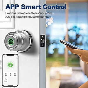 GeekTale Fingerprint Door Lock, Smart Door Knob Fingerprint Door Knob Smart Door Lock with App Control,Great for Bedrooms,Apartments Offices,Hotels, Satin Nickel