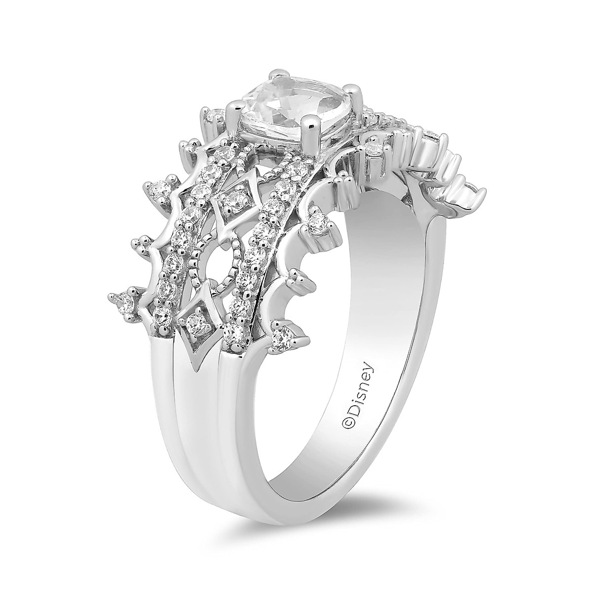 Jewelili Enchanted Disney Fine Jewelry Sterling Silver 5x5 MM Cushion Shape White Topaz and 1/3 Cttw Natural White Round Diamond Majestic Princess Engagement Ring, Size 8