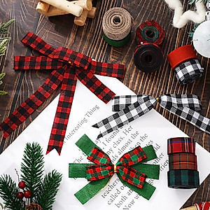 Whaline 10 Rolls 50 Yards Christmas Burlap Ribbon Rolls 1 Inch Wired Plaid Wrapping Ribbon Xmas Decorative Ribbon for Wreath Bow Gift Decor