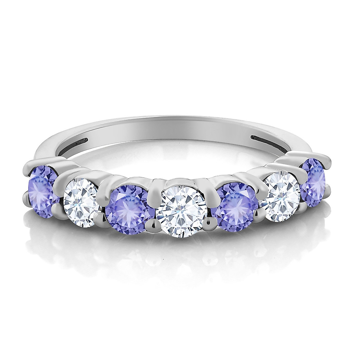 Gem Stone King 925 Sterling Silver Gemstone Birthstone and White Moissanite Wedding Band Engagement Anniversary Ring | Round 3.5MM | 7 Stone Promise Ring For Women