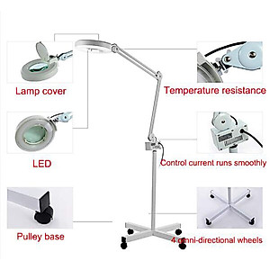 Magnifier, LED Facial Magnifier Lamp,5X Magnifying Adjustable Rolling Floor Stand 4 Wheels Swivel Arm for Salon Beauty Manicure Tattoo Skincare Equipment