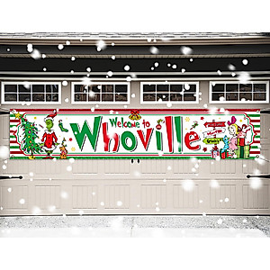 Vohado Welcome to Whoville Fence Banner Christmas Winter Holiday Party Decoration Xmas Decor Yard Outdoor Hanging Banner
