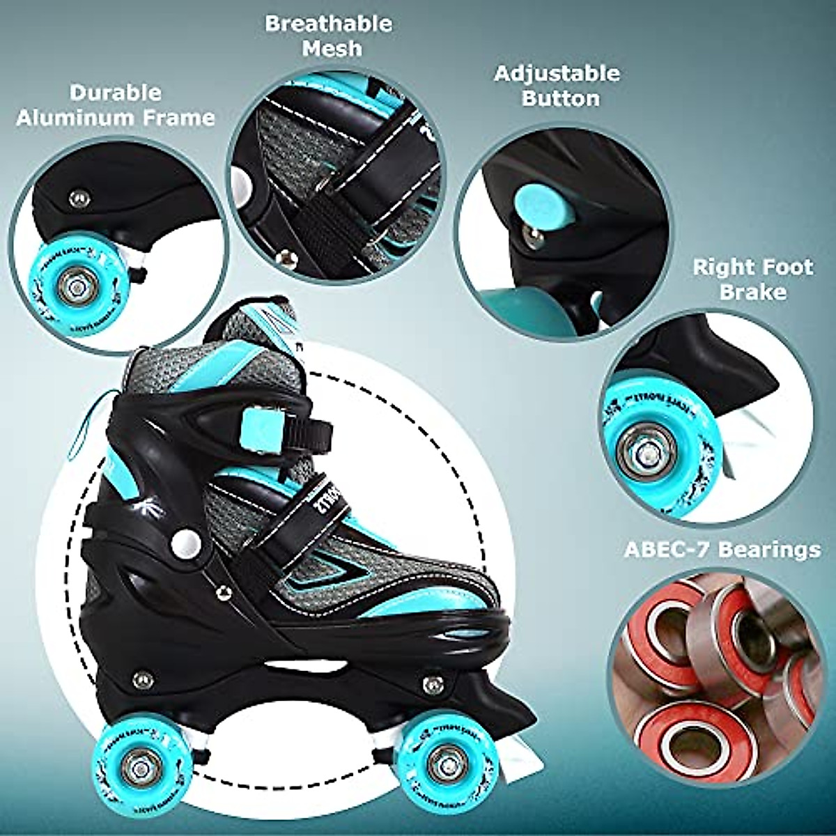 Scale Sports Adjustable Roller Skates for Kids Teen and Ladies Small Size Turquoise