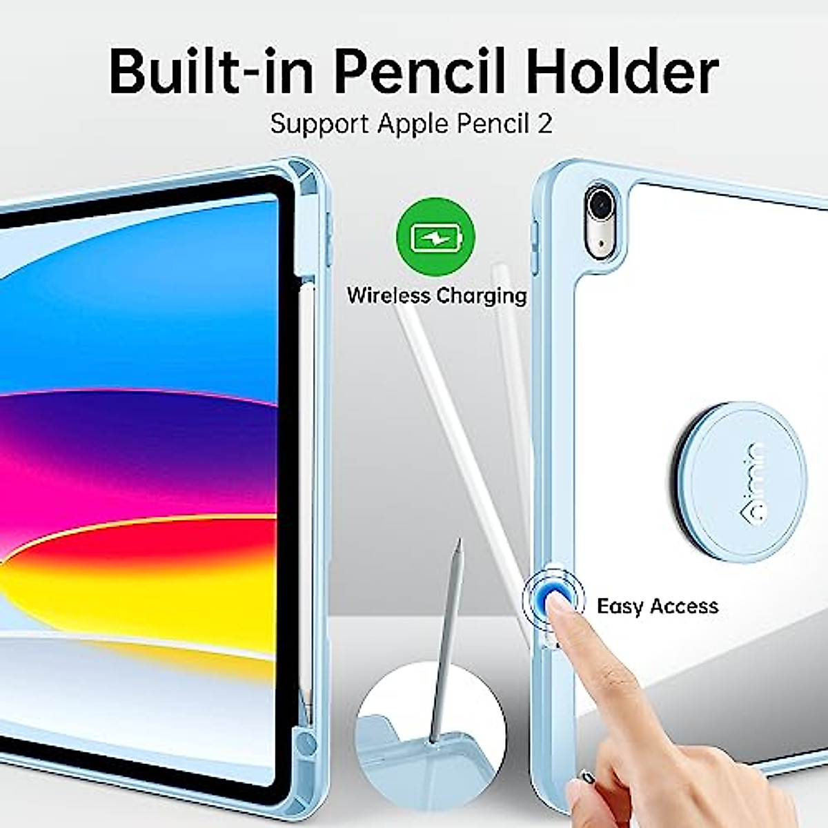 nimin Rotating Case for ipad 10th Generation Case with Pencil Holder, Dechable ipad Case 10.9 inch with Foldable Magnetic Stand, Auto Sleep/Wake, 11 Different Positions, Blue