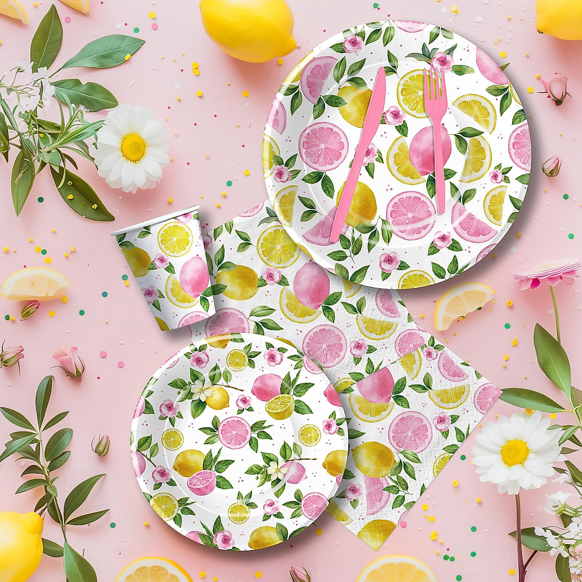 Suhelkit Lemon Party Decorations Tableware For Girls - Lemon Birthday Party Supplies, Plate, Napkin, Cup, Cutlery, Summer Pink Lemon Baby Shower Bridal Shower Table Decorations Dinnerware | 24 Guests