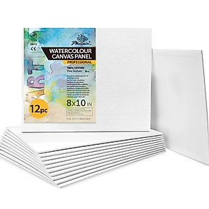 PHOENIX Watercolor Canvas Panels 8x10 Inch, 12 Pack - 8 Oz Triple Primed 100% Cotton Acid Free Canvases for Painting, Blank Flat Canvas Boards for Watercolor, Acrylic, Gouache & Tempera Painting