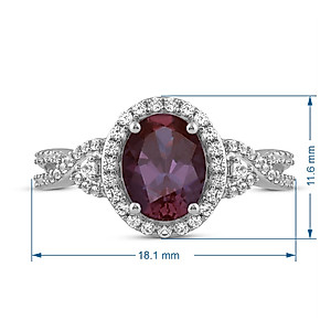 Jewelili Sterling Silver 9x7mm Oval Alexandrite and Round Created White Sapphire Ring, Size 6