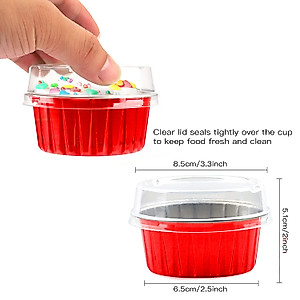 50 Pack Baking Cups with Lids, Aluminum Foil Cupcake Cups Muffin Liners, Disposable Foil Ramekins, Cupcake Holders Dessert Containers Mini Pudding Cups for Birthday, Christmas, Parties, Weddings (Red)