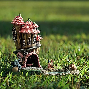 LA JOLIE MUSE Fairy Garden Gnome Accessories Kit - Hand Painted Miniature Solar Powered Fairy House Dragon Figurine Set of 4 pcs, Indoor & Outdoor Ornaments Gifts for Girls Boys Adults