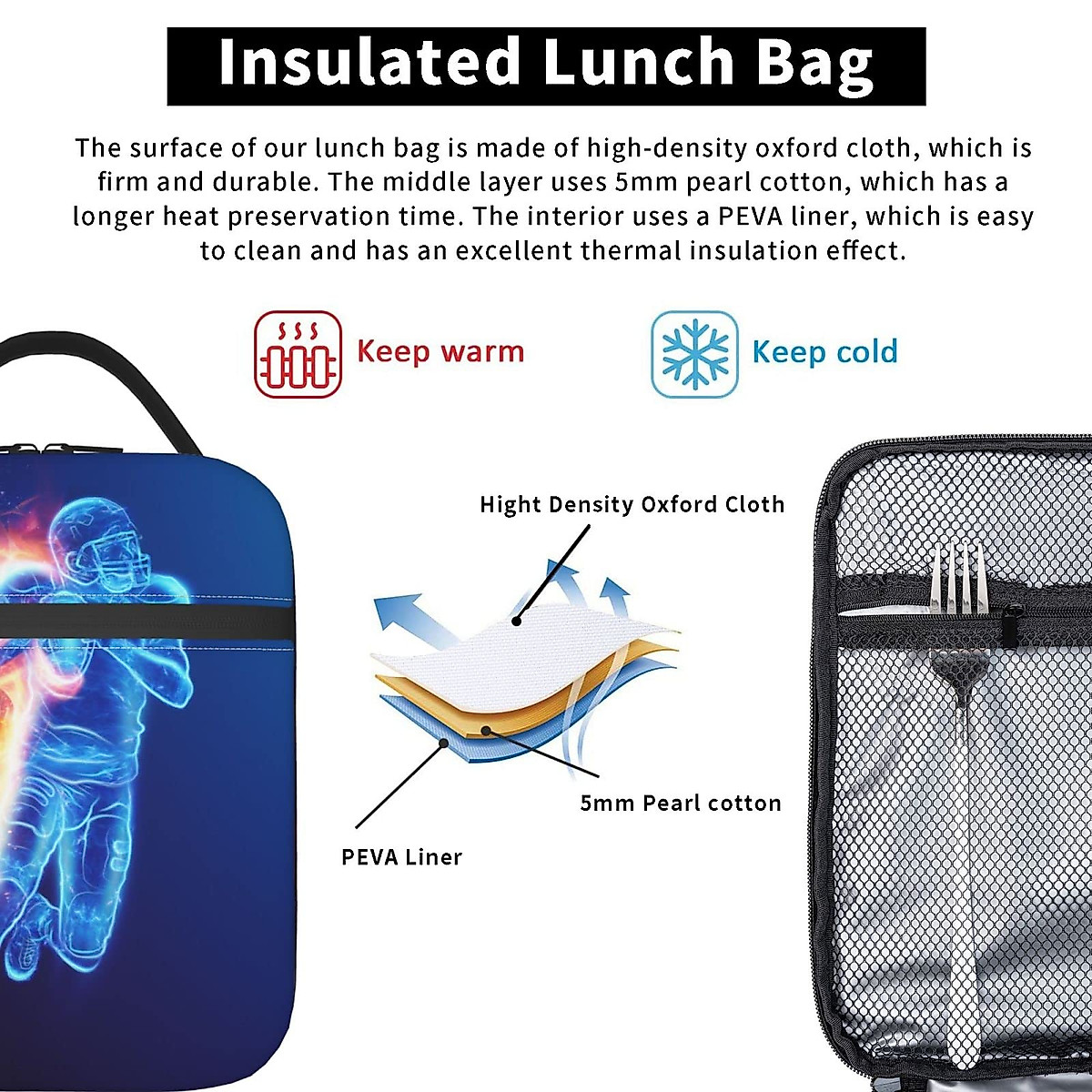 EKAZROMY Boys Football Insulated Lunch Box Bag with Name, Black Lunchboxes with Personalized Text Design, Food Container Tote Bag with Multi-Pocket for Office Work Outdoor Picnic