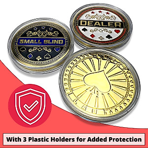 Luck Lab Set of 3 Metal Poker Buttons - Dealer Button, Big Blind and Small Blind Metal Weights (Position Markers) for Texas Hold Em - 1.75 inch