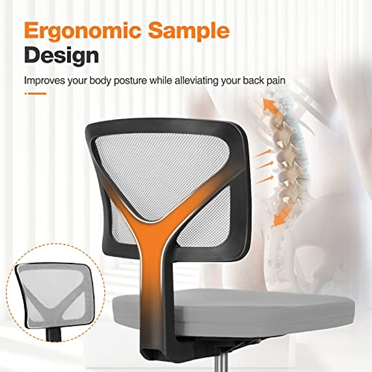 Armless Small Home Office Desk Chair, Ergonomic Low Back Computer Chair, Adjustable Rolling Swivel Task Chair with Lumbar Support for Small Space, 1 Pack, Grey
