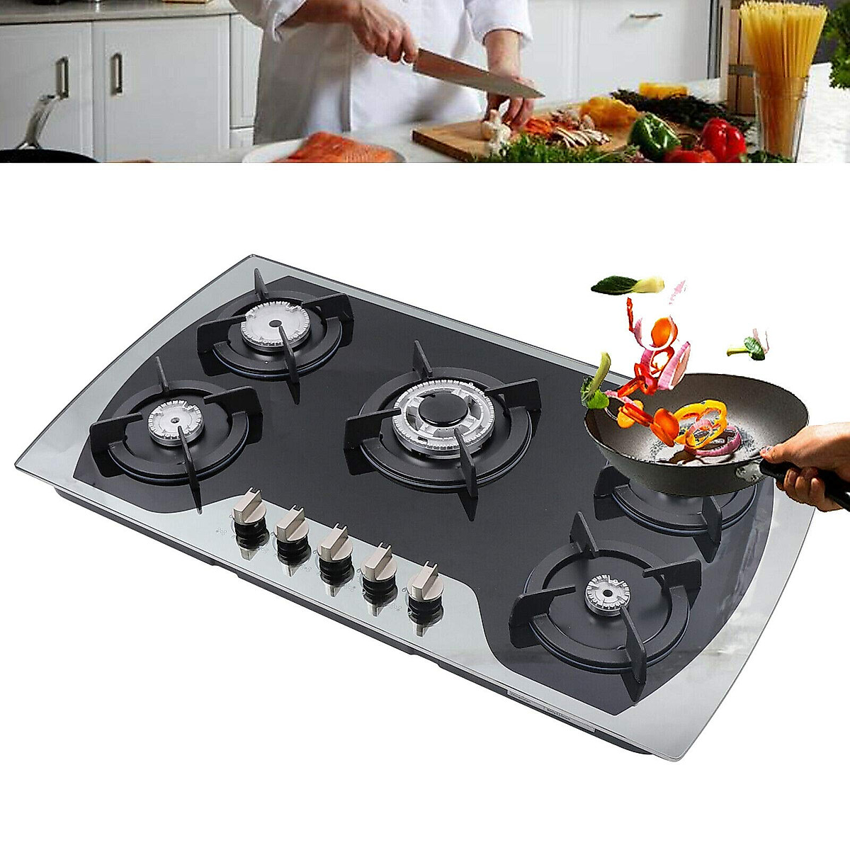 BJTDLLX 34.5" Gas Stove Cooktop, Tempered Glass Built in Gas Stove with 5 Burners Cast Iron Grates Built-in Gas Stove Top LPG/NG Gas Cooktop Thermocouple Protection and Easy to Clean Tempered Glass