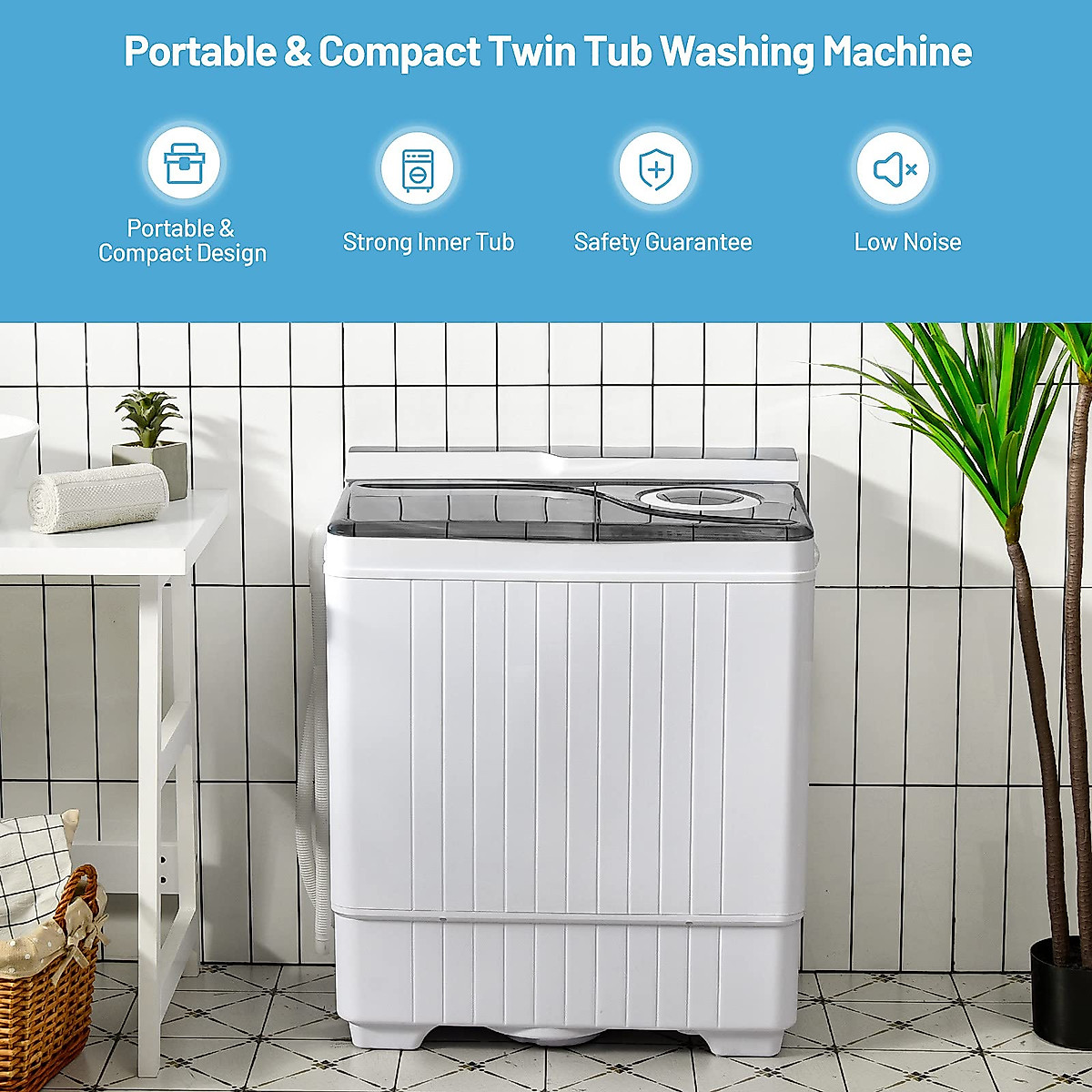 Giantex Washing Machine Semi-automatic, Twin Tub Washer with Spin Dryer, 26lbs Capacity, Built-in Drain Pump, Portable Laundry Washer, Compact Washing Machine for Apartment, Dorm and RV (White+Gray)
