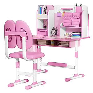 Kids Study Table and Chair Set, 2Pcs/Set Ergonomic Desk Chair with Book Stand, Height Adjustable Children School Study Table Chair Set with Sitting Corrector, Foot Pedal Partition Design (Pink)