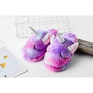 ZOBAYOP Kids Unicorn Slippers with Rubber Soles for Boys Girls Home Plush Shoes Indoor Anti Slip Cute Warm Purple X22
