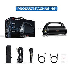 Monster Adventurer Max Bluetooth Speakers, IPX7 Waterproof Outdoor Bluetooth Speakers, Active Extra Bass, Fast Charging, with Microphone, Suitable for Beach, Parties, Gym, Black