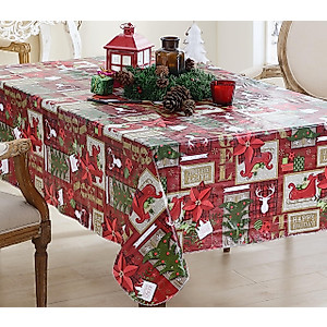 Newbridge Red Sleigh Bells Ring Country Rustic Vinyl Flannel Back Vinyl Christmas Tablecloth, Moose Antlers, Sleighs and Festive Xmas Wipe Clean Tablecloth, 52 Inch x 70 Inch Oblong/Rectangle