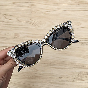 FUPRECIOUS Vintage Retro Cat Eye Sunglasses Rhinestone Crystal Sparkle For Women (black)
