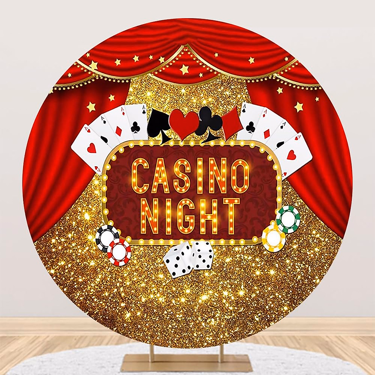 Renaiss 3x3ft Casino Night Round Backdrop Cover Las Vegas Gold Glittering Circle Photography Background Poker Dice Red Curtains Dress-Up Prom Casino Birthday Party Decors Arch Photo Booth Props