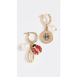 Tory Burch Women's Charm Hoop Earrings, Tory Gold/Cream/Crystal, One Size