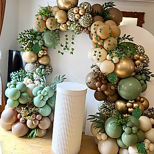 Sage Green Brown Balloon Garland Kit Woodland Balloon Arch Kit Olive Green Gold Coffee Cocoa Balloons for Wild One Birthday Jungle Safari Baby Shower Party Decorations