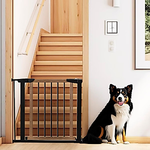 NMN Designs Logan Dog Gate - Indoor Pet Barrier and Wooden Dog Gate with Walk Through Swinging Door - Pressure Mounted for Walls and Stairs - Puppy Gates for The House - Expandable 29.5" to 51.5"