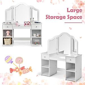 AKUSTIK Kids Vanity, 2 in 1 Wooden Princess Makeup Table and Chair for Toddlers with Tri-Folding Detachable Mirror, Storage Drawers for Little Girls, Pretend Beauty Dressing Desk Play Set Toy Gift