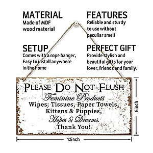Please Do Not Flush Feminine Products Wall Decor Sign, Hopes & Dreams, Printed Wood Plaque Sign, Hanging Bathroom Signs, Funny Wall Decor For Toilet, Farmhouse Bathroom Decor Wall Art Sign 12" x 6"