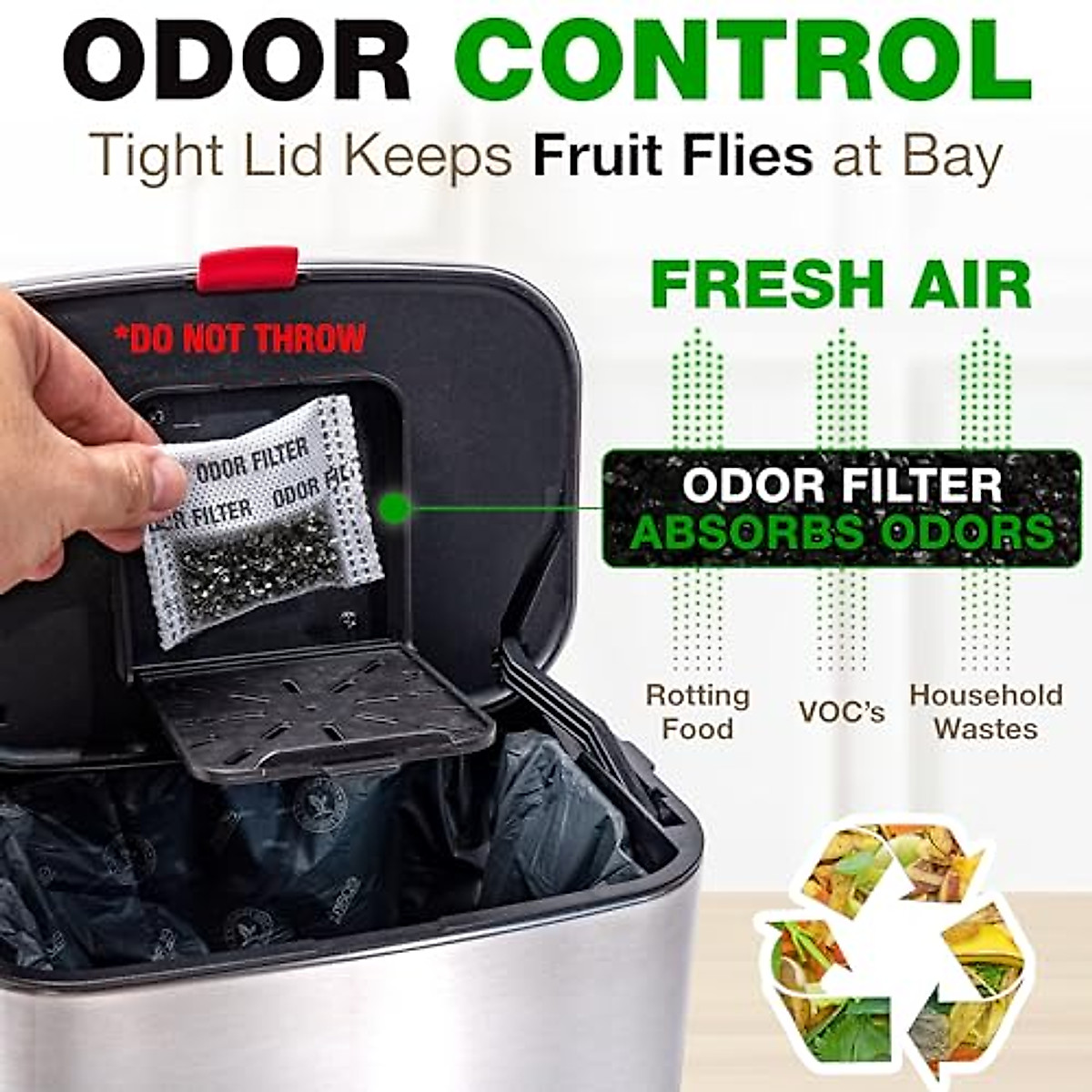 Eparé Kitchen Compost Bin Countertop - 4L/1 Gal Odorless Small Stainless Steel Composting Bin - Hanging Food & Waste Counter Top Trash Can - with 50 Compostable Trash Bags & Carbon Filter