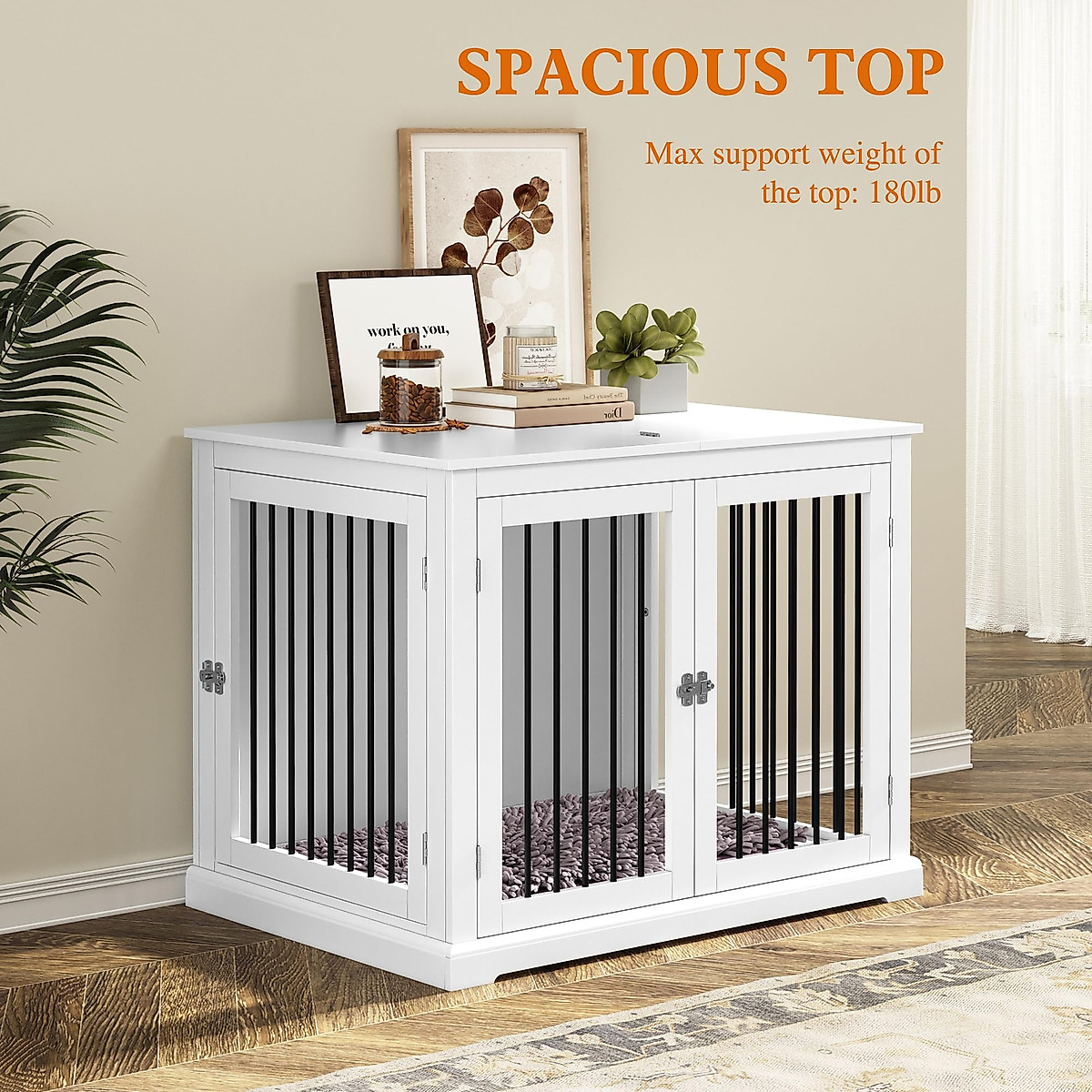 PUPETPO Dog Crate Furniture with Cushion, Dog Crate End Table Large, Indoor Dog Kennel, Dog House, Dog Cages for Large Dogs, Furniture Style Dog Crate with Flip-top, Chew-Proof Metal Bars, White