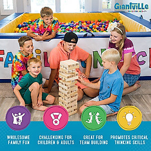 Giantville Giant Tumbling Timber Toy - Premium Pine Wood Life-Size Blocks Tower - Big Floor/Board Indoor/Outdoor Yard Game for Kids & Adults - 54-Blocks + Red Storage/Carry Bag - Grows Almost 4-Feet