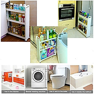 BAOYOUNI Slim Rolling Cart Between Washer Dryer Cabinet Storage Shelf Rack Narrow Slide Out Tower Organizer Space Saving Shelving Units with Wheels (3-Tier)