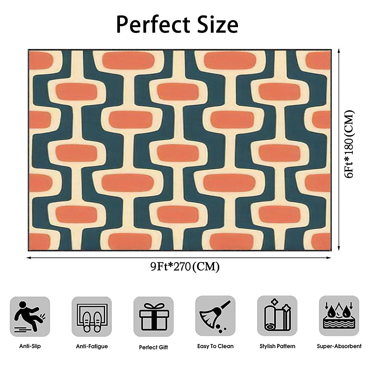 PeeNoke Mid Century Modern Atomic Age Blue Orange Cream Ideal for Fabric Area Rug Outdoor Patio Rug Play Mat Modern Floor Carpet Non-Slip Home Decor Living Room Kids Bedroom Nursery, 6x9 ft