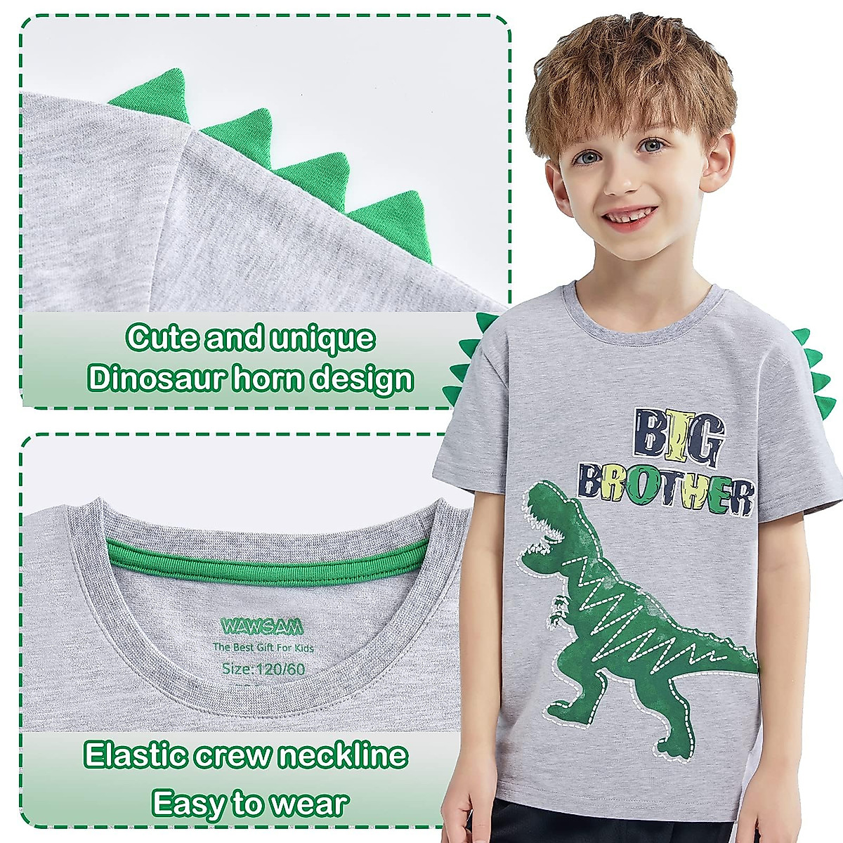 Dinosaur Big Brother Announcement T Shirt Sibling Outfits for Toddler Boys Cotton Promoted to Big Brother Shirt Print Colorful Dino Short Sleeve Top Tee Gift(Gray, 18-24 Months)