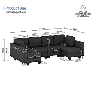 Arathorn Modular Sectional Sofa with Ottoman Oversized U Shaped Sofa Couch with Reversible Chaise, Convertible Sofa Bed Sleeper Modular Sofa Sectional Couch for Living Room, Dark Grey