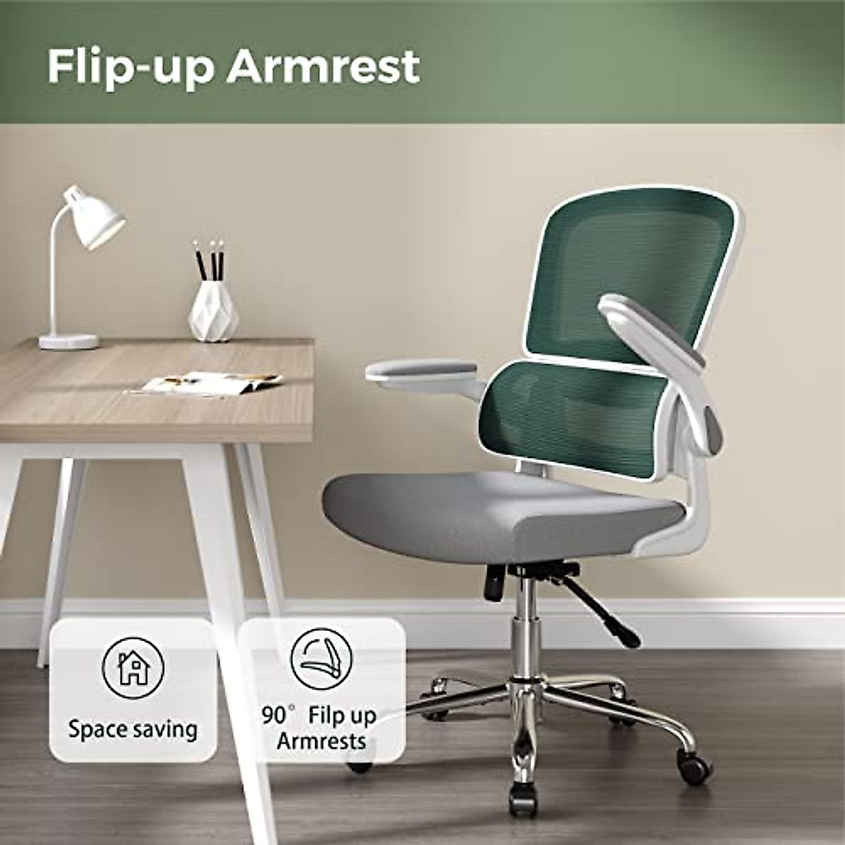 Logicfox Ergonomic Office Chair, Breathable Mesh Chair with Adjustable Height, Computer Chair with a Double Lumbar Support and Flip-up Arms, Home Office Desk Chair with 90°-130° Tilt Function