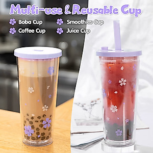 Colnic Reusable Boba Cup With Lids And Straws, 24OZ/700ml Smoothie Cups, Iced Coffee Cup, Leakproof Kawaii Cup, Bubble Tea Cup, Boba Cups With Boba Reusable Straw, Double Wall Tumbler (Purple)