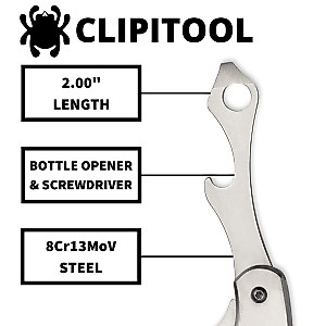 Spyderco ClipiTool Multi-Functional Stainless Steel Utility Pocket Knife with 2" Steel Blade and Screwdriver/Bottle Opener - PlainEdge - C175P